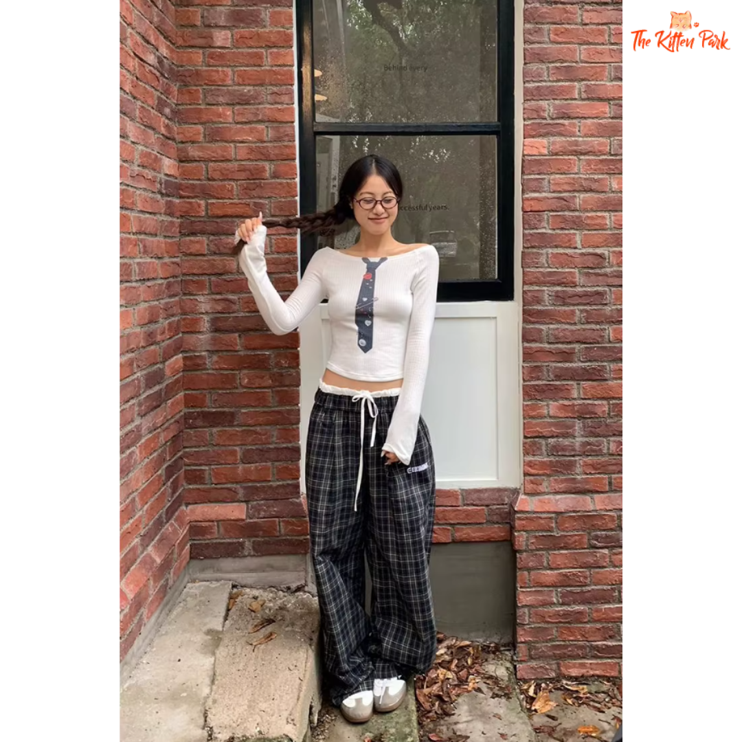 Y2K Plaid Patchwork Pants – High Waist Wide Leg Vintage Streetwear for ...