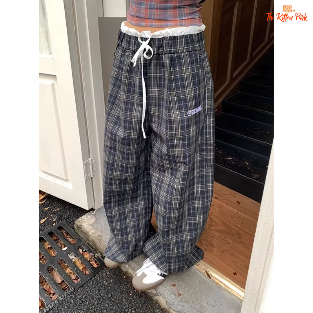 Y2K Plaid Patchwork Pants – High Waist Wide Leg Vintage Streetwear for ...